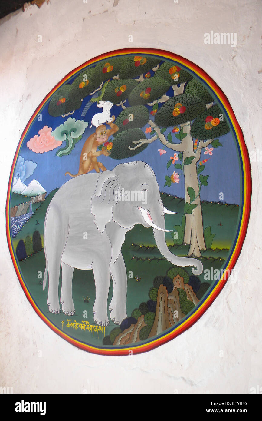 Wall painting, the four friends, Bhutan Stock Photo - Alamy
