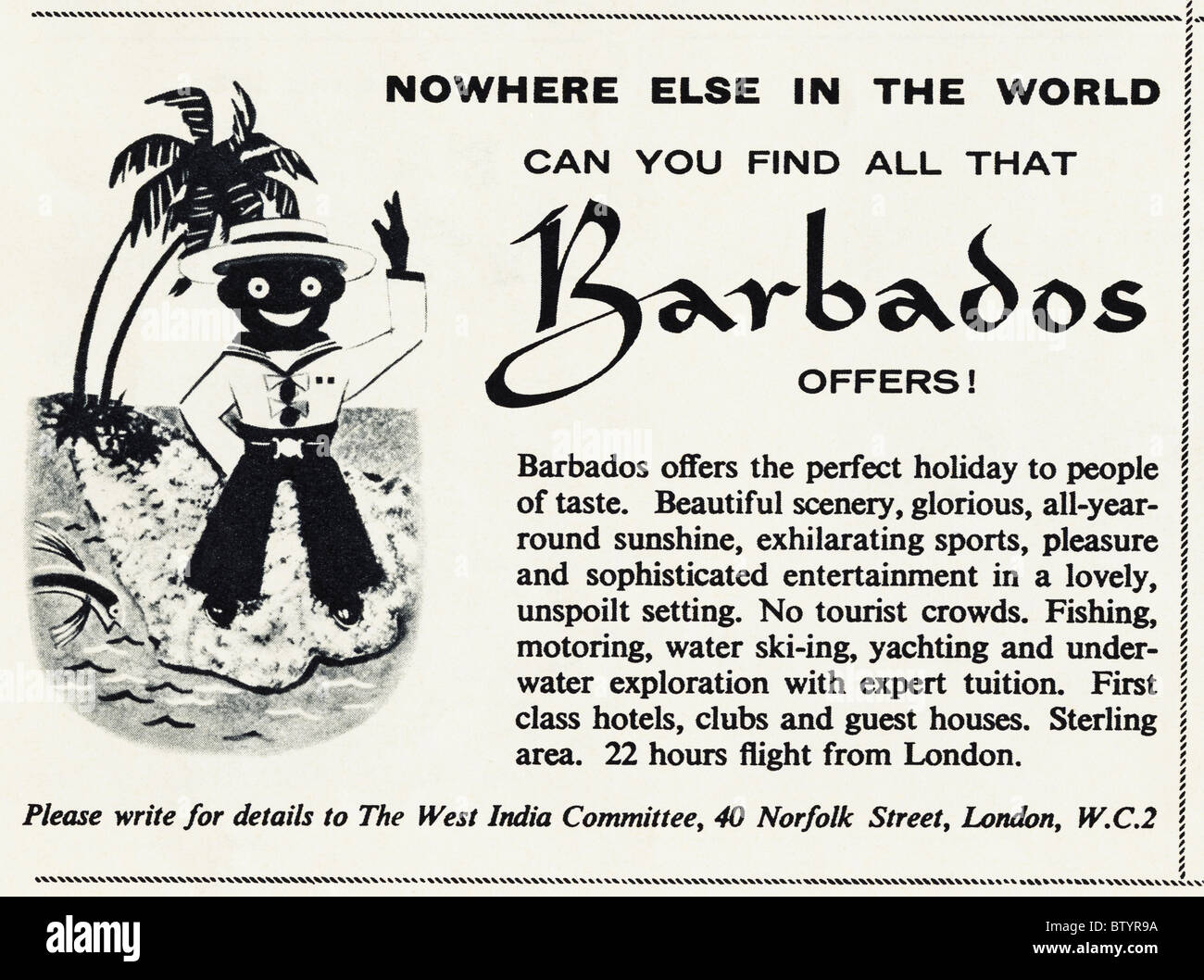 Advertisement in English magazine circa 1960 for Barbados tourism Stock ...
