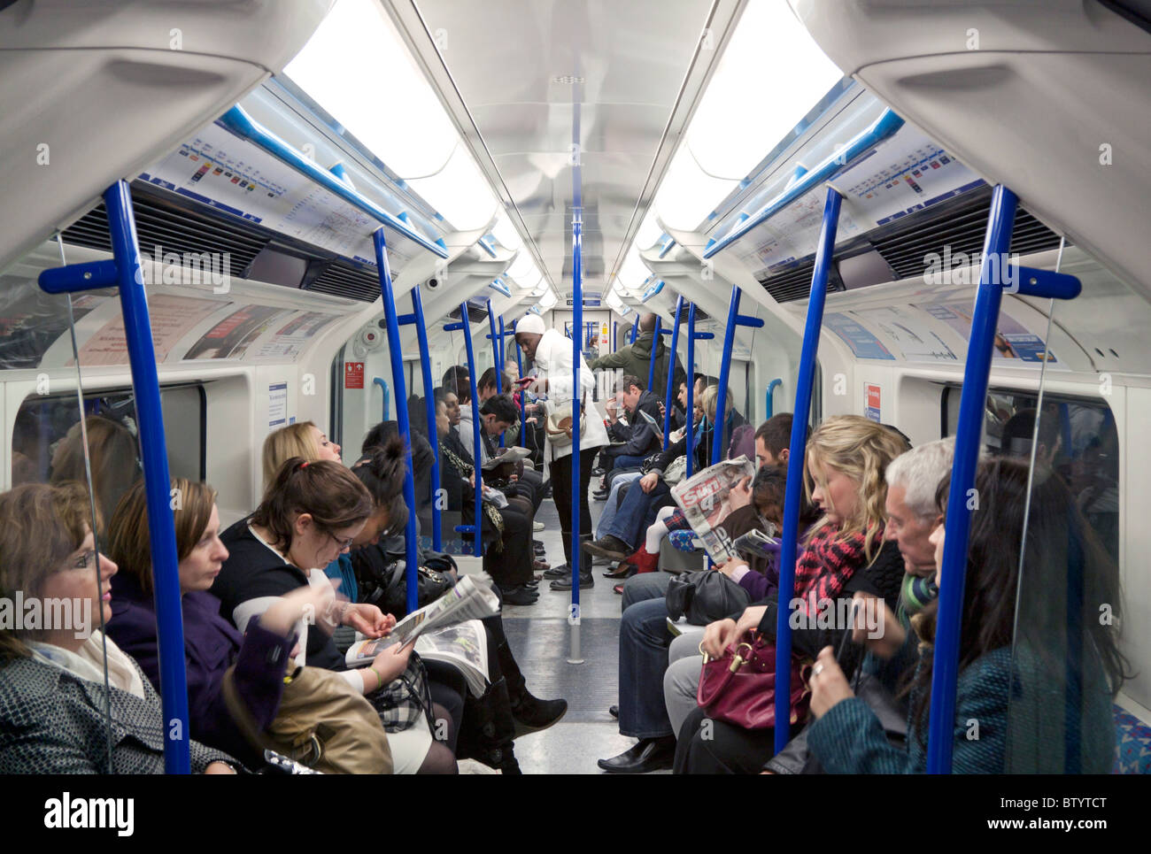 Interior of new London Underground Victoria Line Train during evening ...