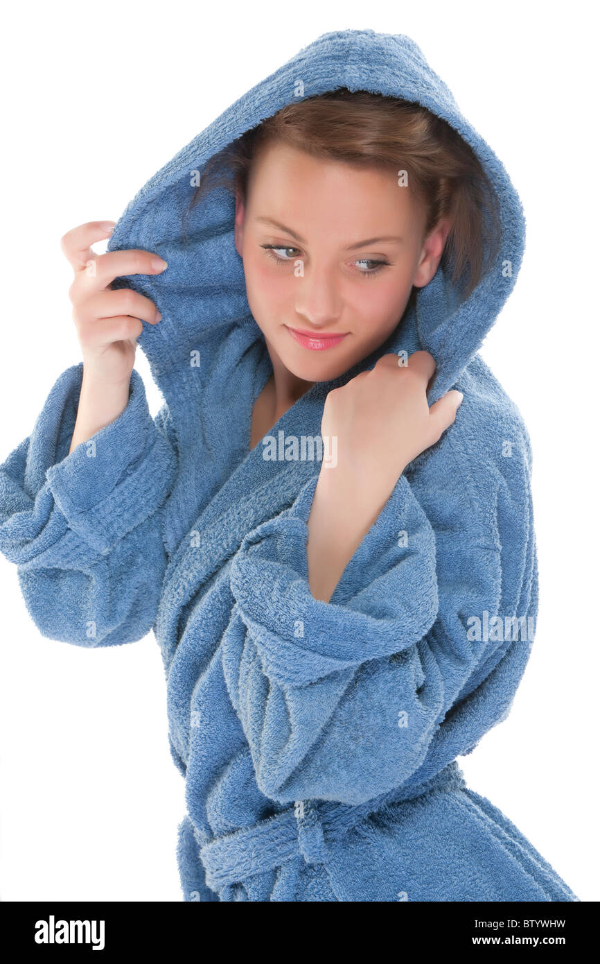 Beautiful woman in blue bathrobe Stock Photo - Alamy