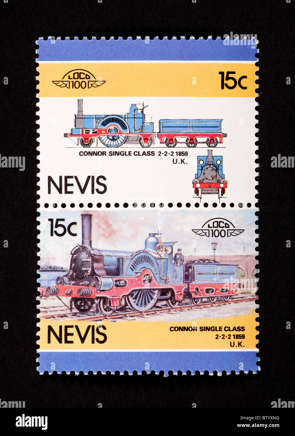 Postage stamp from Nevis depicting the 1859 Connor Single Class steam ...