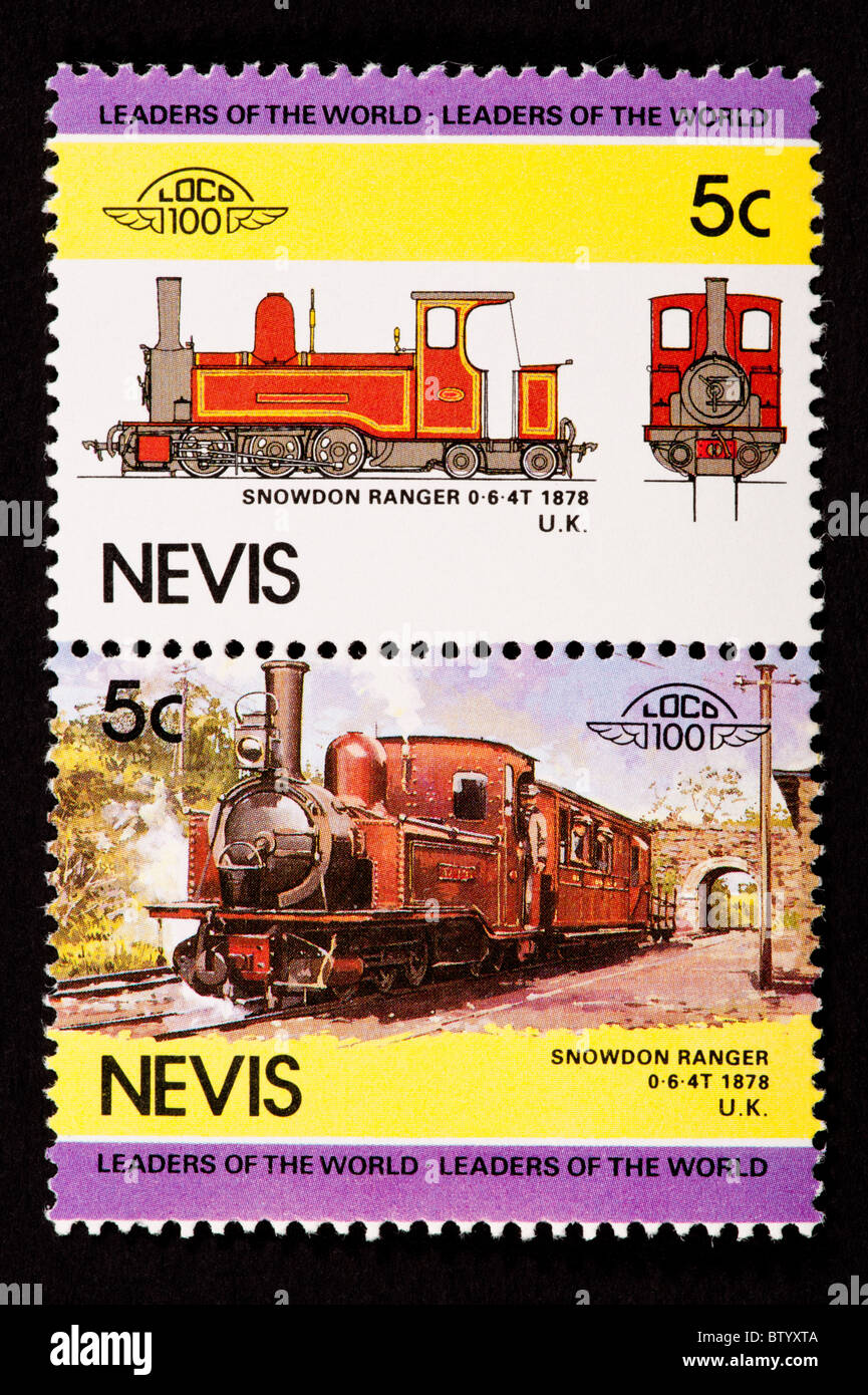 Postage stamp from Nevis depicting British Snowdon Ranger steam engine ...
