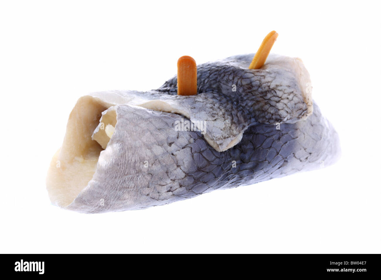 Delicious pickled herring rollmop isolated on white Stock Photo - Alamy