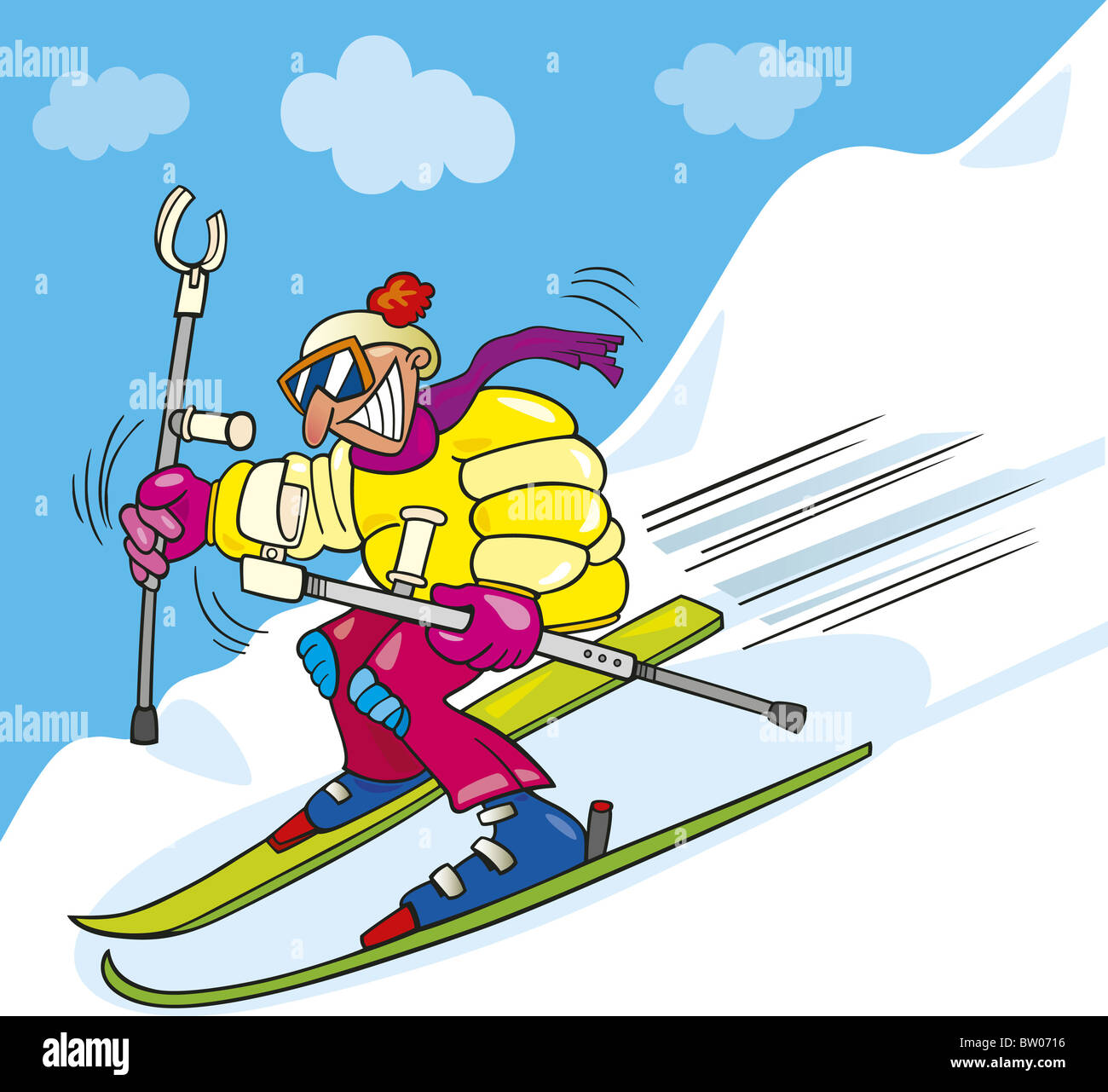 Illustration of crazy man on ski Stock Photo - Alamy