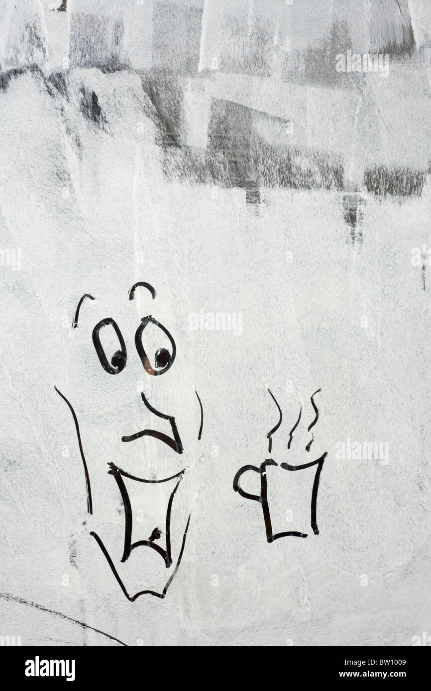 A cartoon picture and re-opening writing have been drawn in white ...