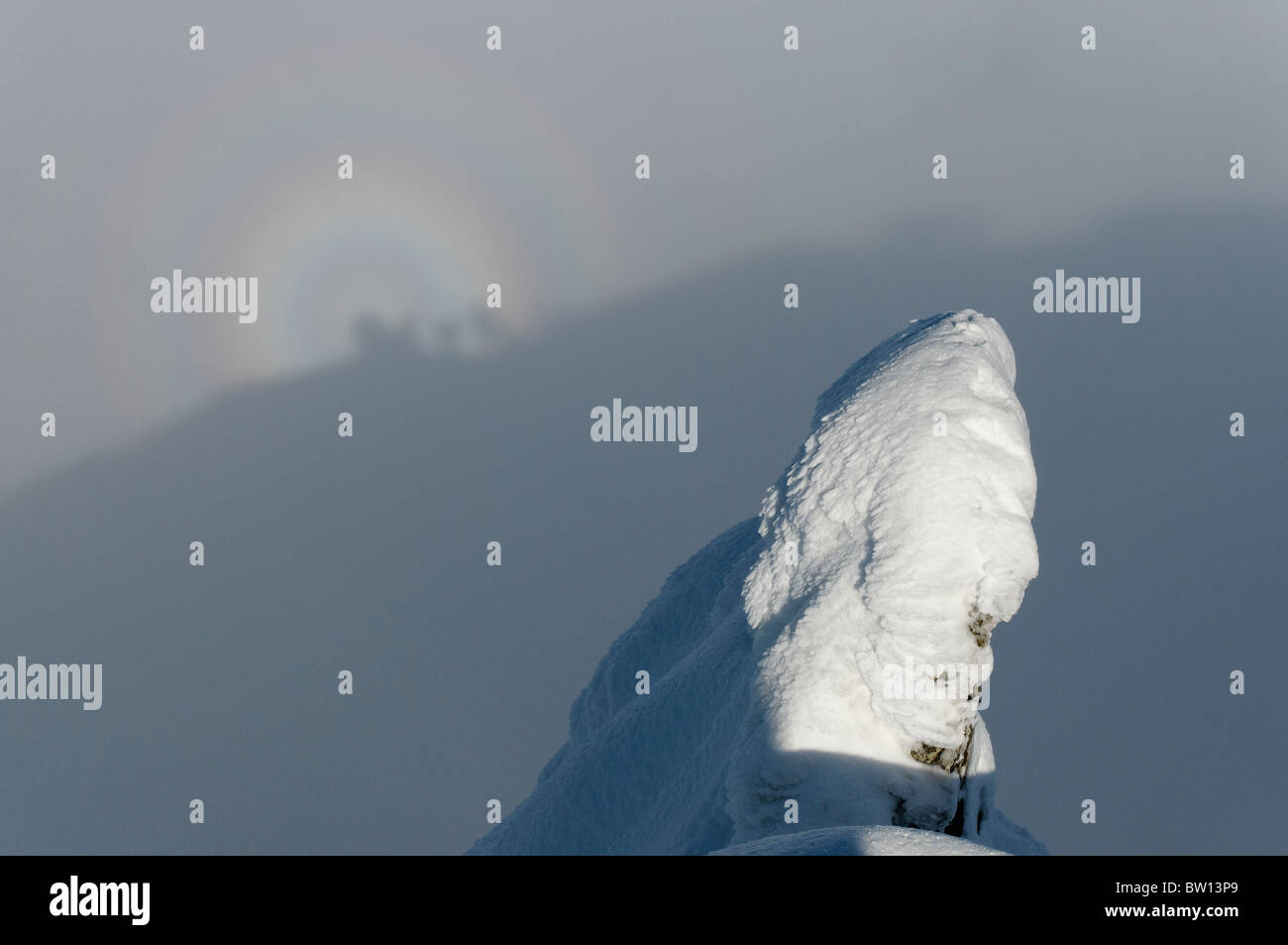 Brocken Spectre with full rainbow around a group of people in winter ...