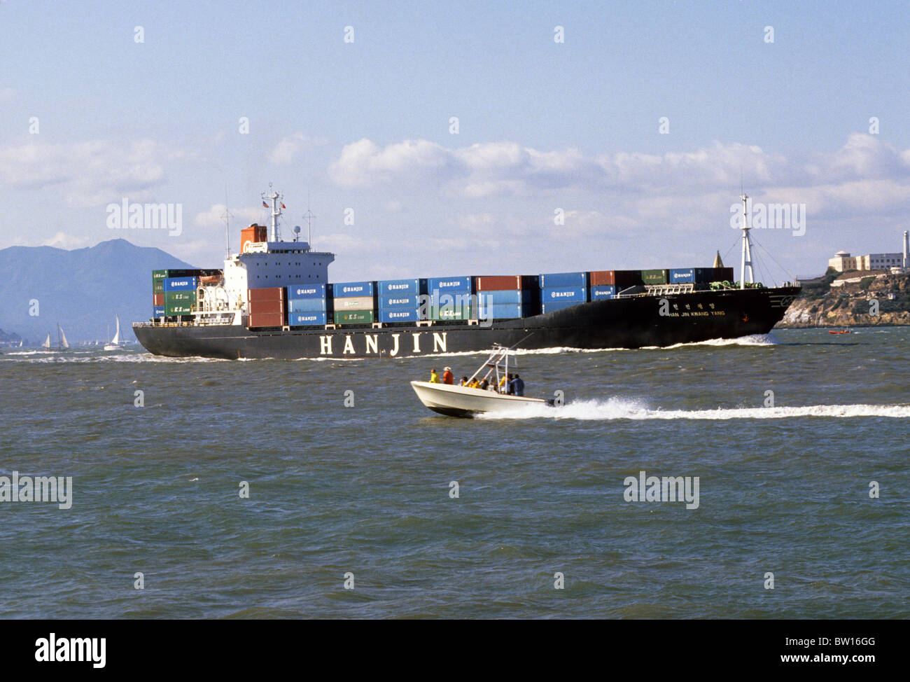 container ship speed pleasure boat craft San Francisco bay harbor ...
