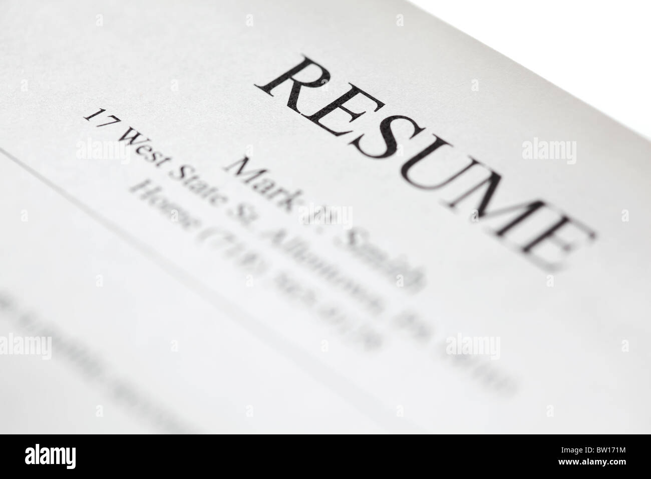 Resume form title page close-up. Shallow DOF Stock Photo - Alamy