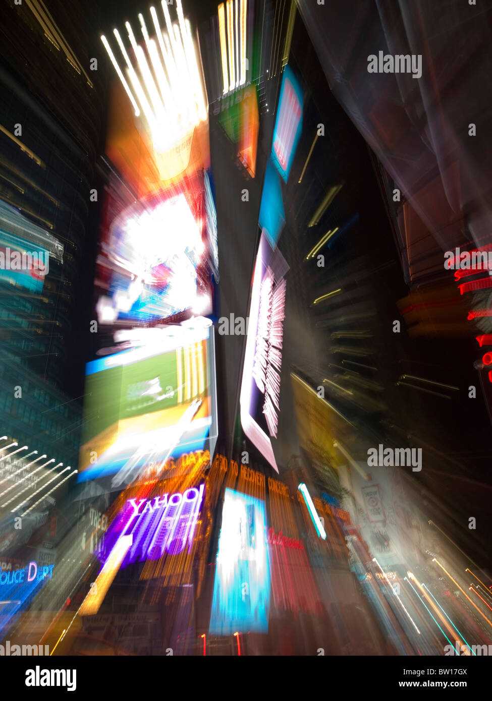 Neon lights of Times Square exaggerated by zooming Stock Photo - Alamy