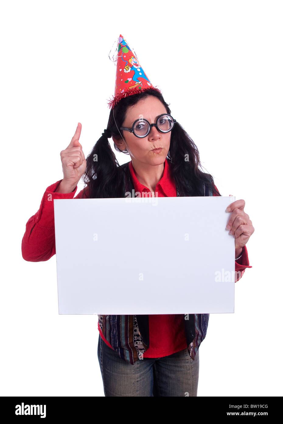 Cheerful nerd woman (mature woman on 40s) holding an empty card to ...