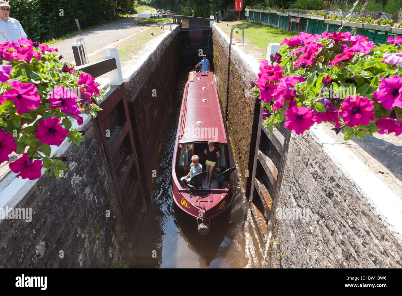 A narrow boat negotiating the Brynich Lock on the Monmouthshire ...
