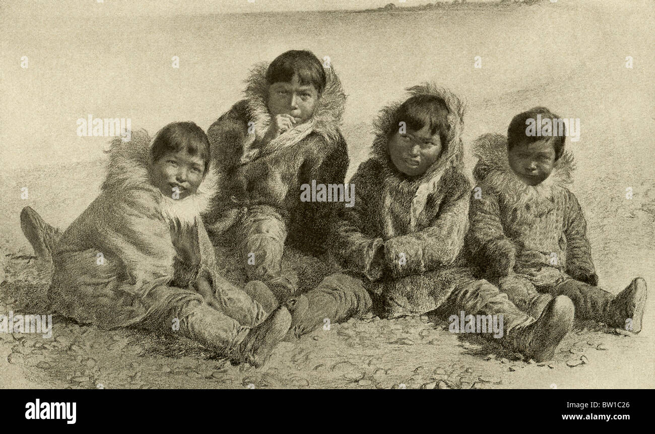 This illustration dates to before 1917 and shows four Eskimo boys ...