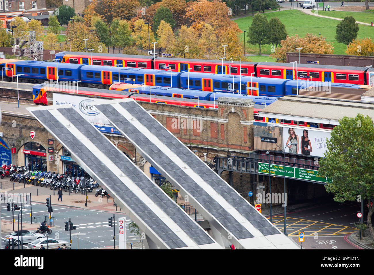 Vauxhall bus station in London, UK, has solar panels fitted on the roof ...