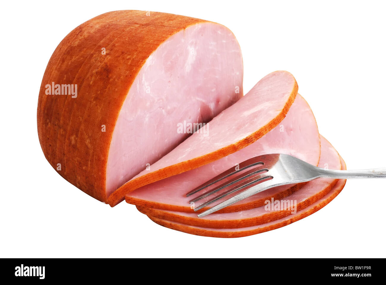 Sliced ham with fork isolated on white background with clipping path ...