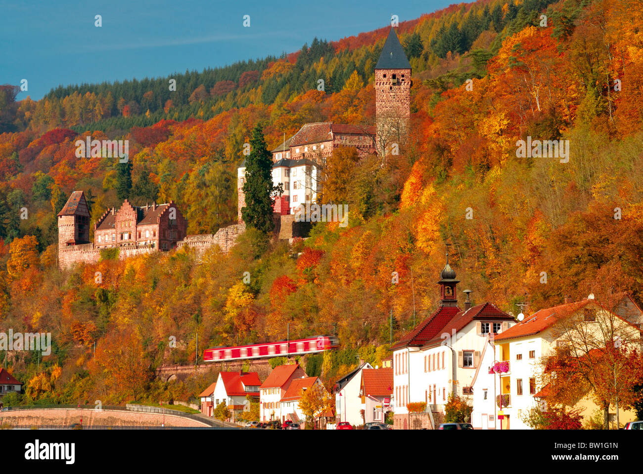 Germany, Odenwald: Autumn in Zwingenberg at river Neckar Stock Photo ...