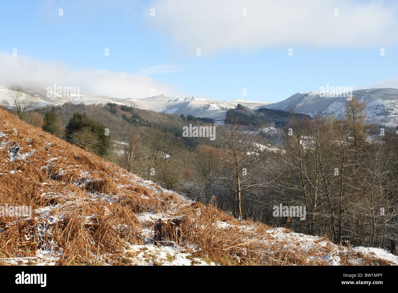 View of Berwyn slate quarry covered in snow on Llantysilio and ...