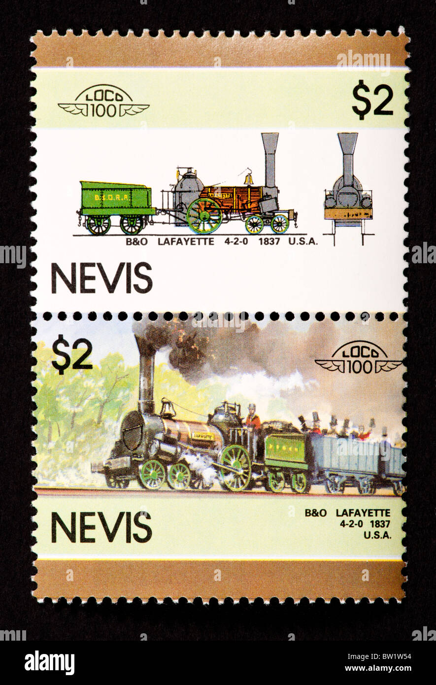 Postage stamp from Nevis depicting a steam engine Stock Photo - Alamy