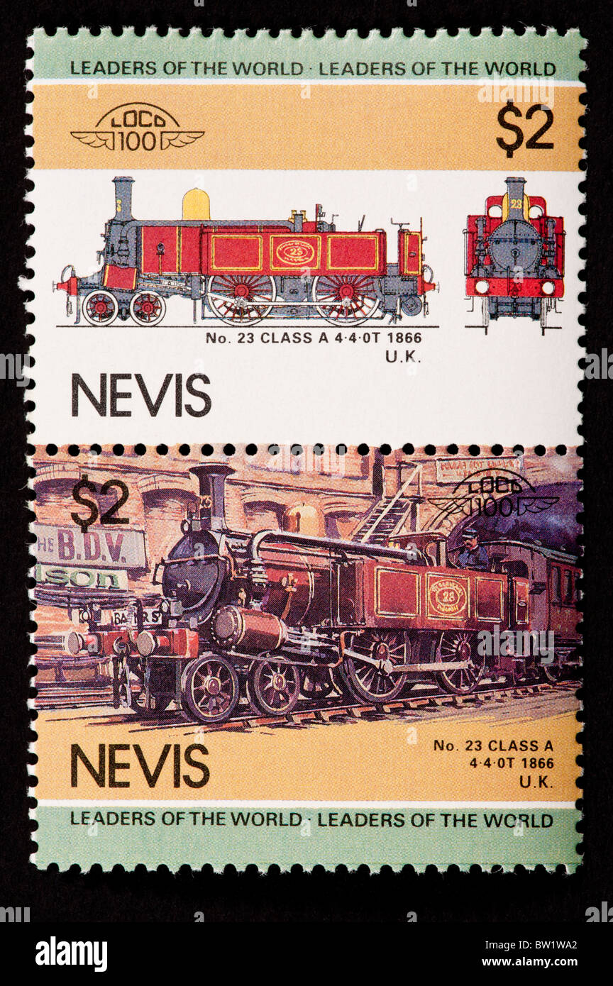 Postage stamp from Nevis depicting a train engine (No. 23 Class A 4-6 ...