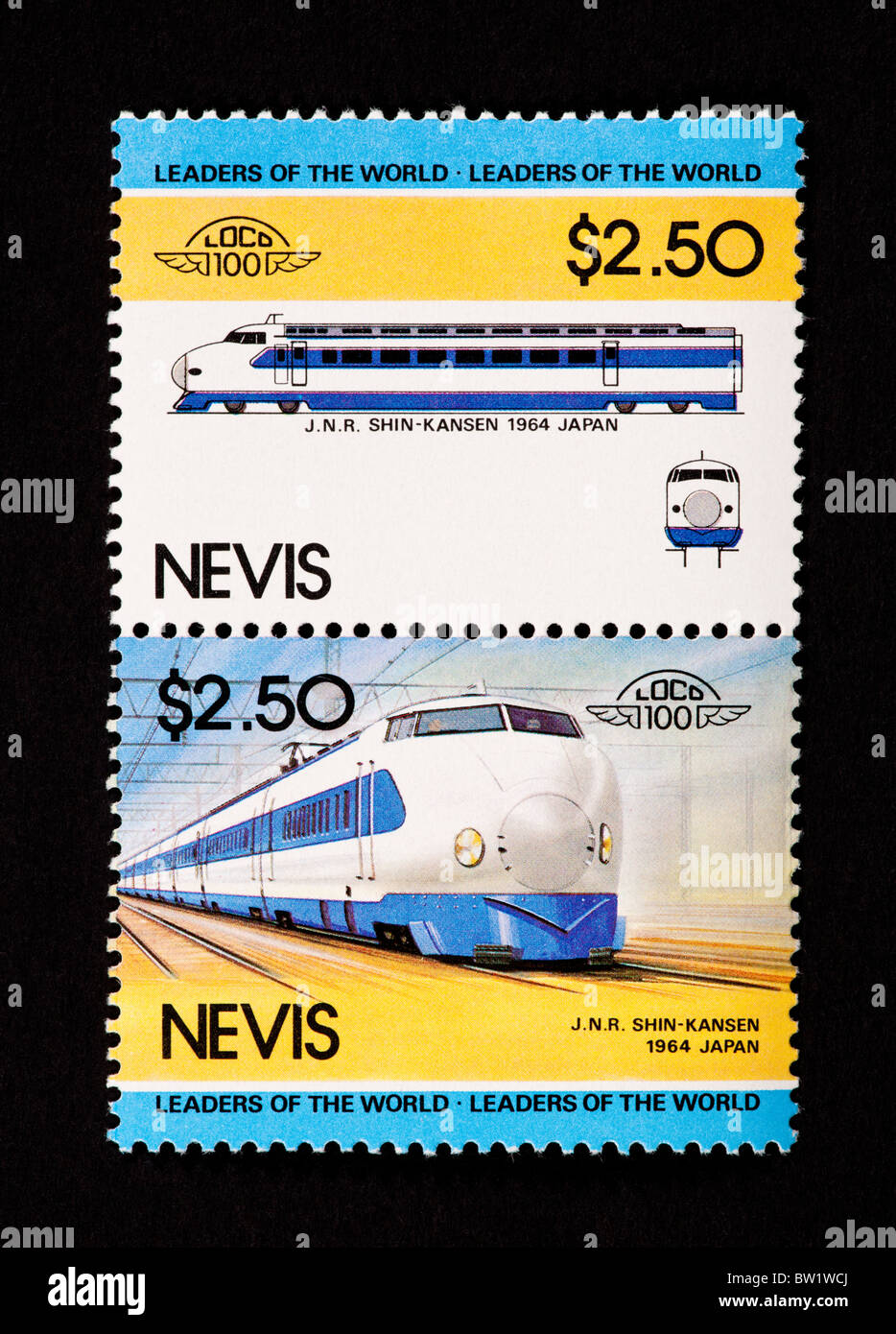 Postage stamp from Nevis depicting J.N.R. Shin-Kansen from 1964, Japan ...