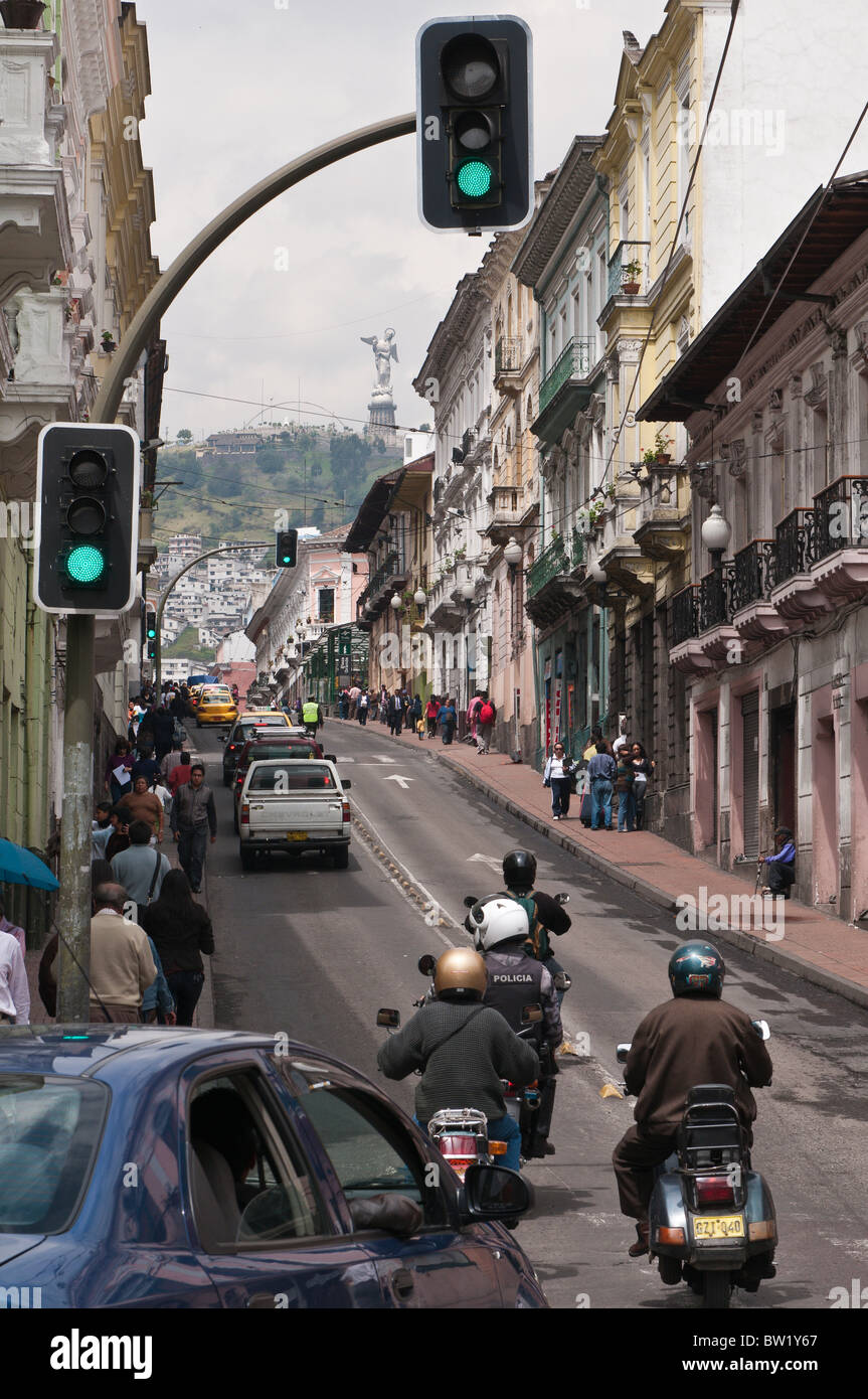 Quito, Ecuador. Historic Center street with the Virgin of Quito ...
