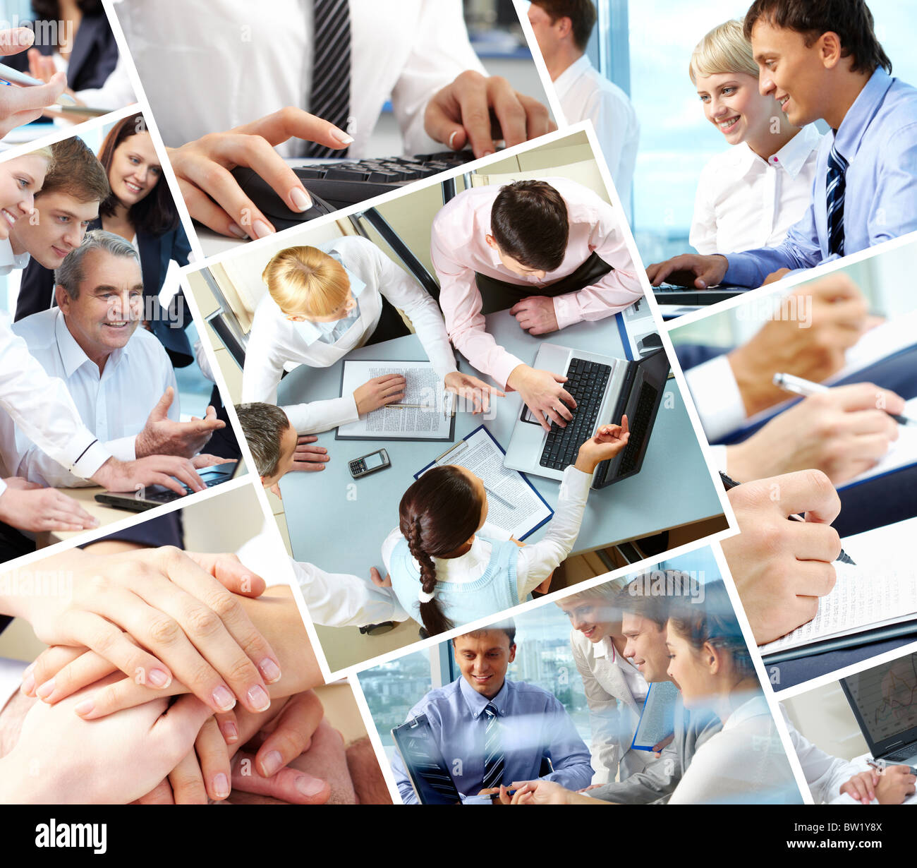Collage of different image with business people during work Stock Photo ...