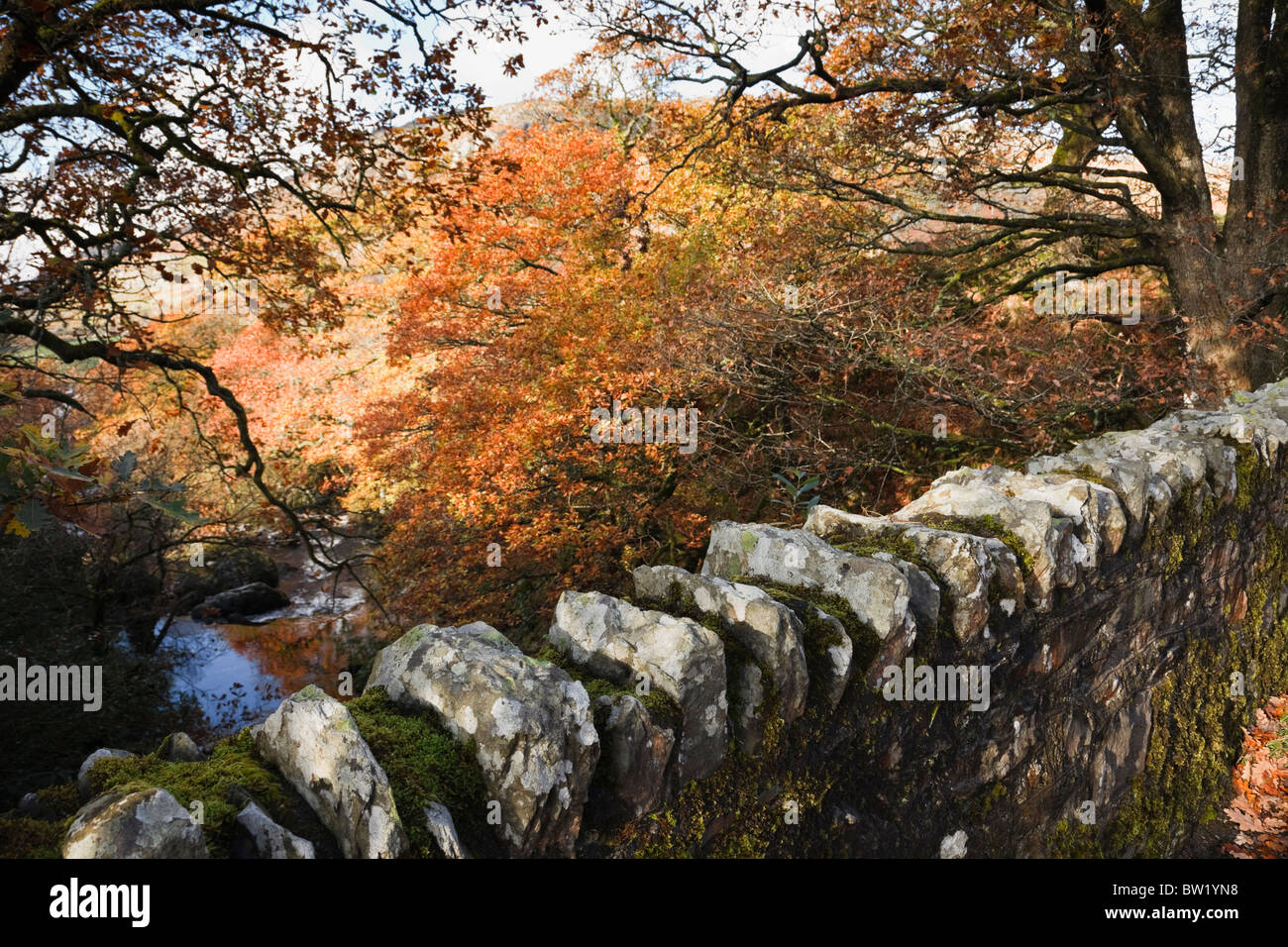 Capel Curig, Conwy, North Wales, UK. Stone wall on bridge over Afon ...