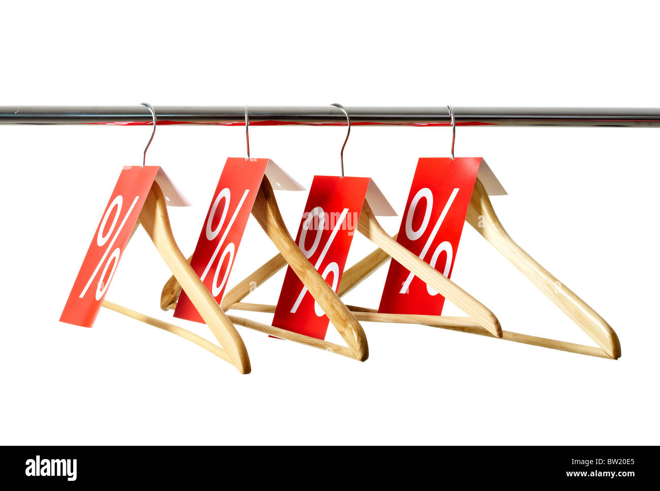 Row of hangers with red labels showing holiday discount Stock Photo - Alamy