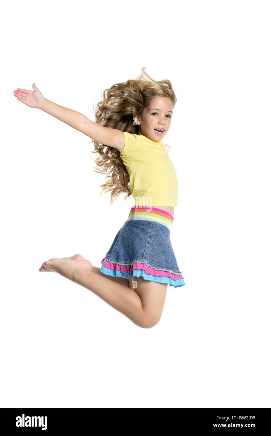 little beautiful girl fly jumping isolated on white studio background ...