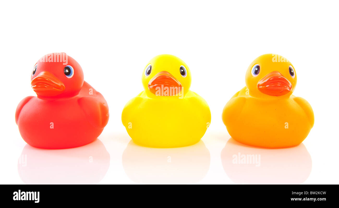 Three colorful rubber ducks isolated on white background Stock Photo ...