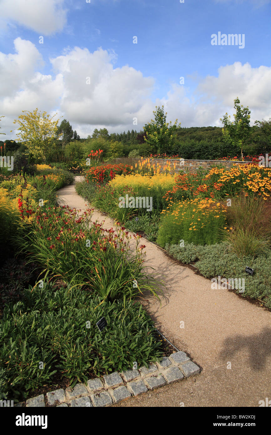 Path and herbaceous border in early August at RHS Gardens Royal Horticultural Society garden ...