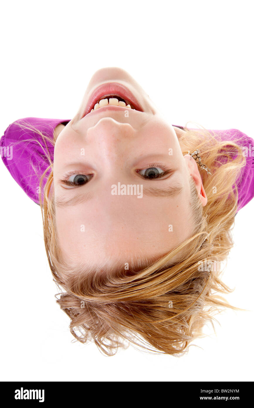 teenage girl in studio seen from above, over white background Stock ...