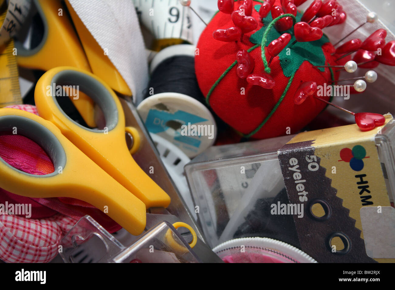 Sewing and Embroidery equipment in a sewing box; including scissors ...