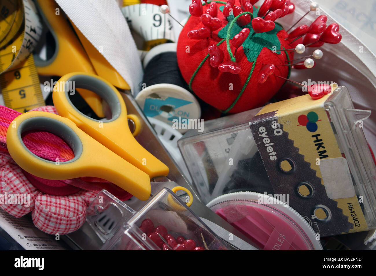Sewing and Embroidery equipment in a sewing box; including scissors ...