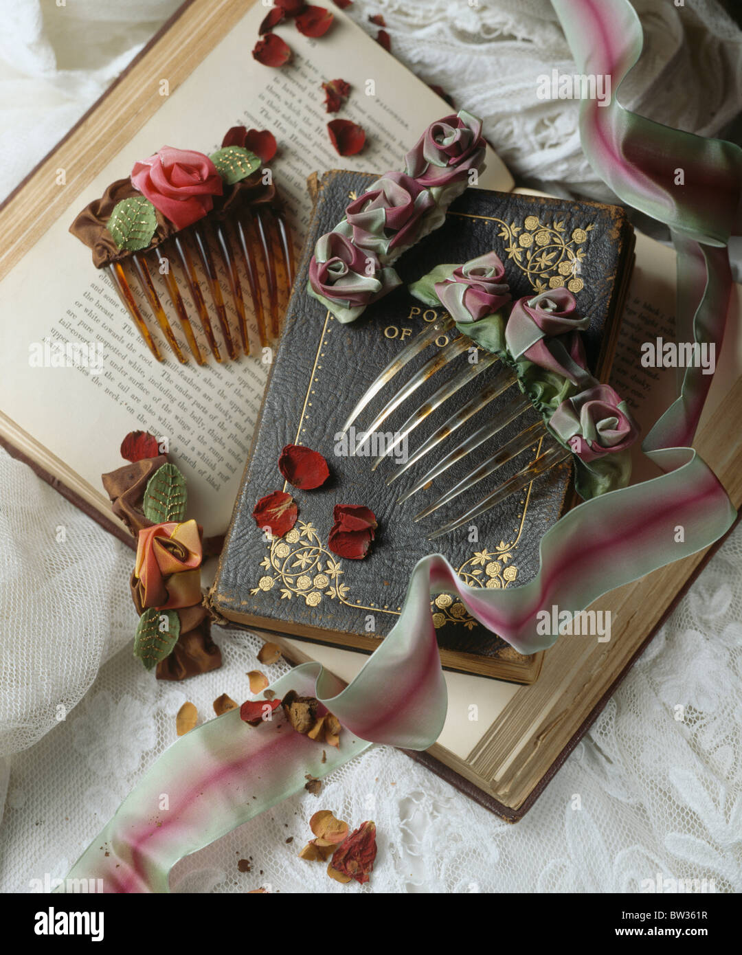 Still-Life of decorative tortoise-shell hair combs on old books ...