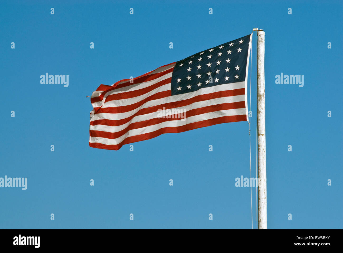 US flag with 33 stars from period 1859-1861 flying over Fort Lancaster ...