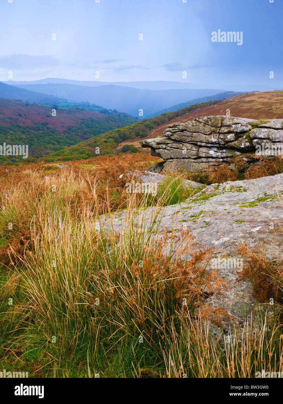 View east over the Dart Valley from Combestone Tor in Dartmoor National ...
