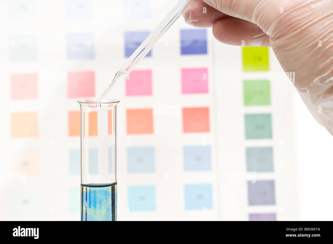 Hand dripping pH indicator into test tube with visible color change in ...