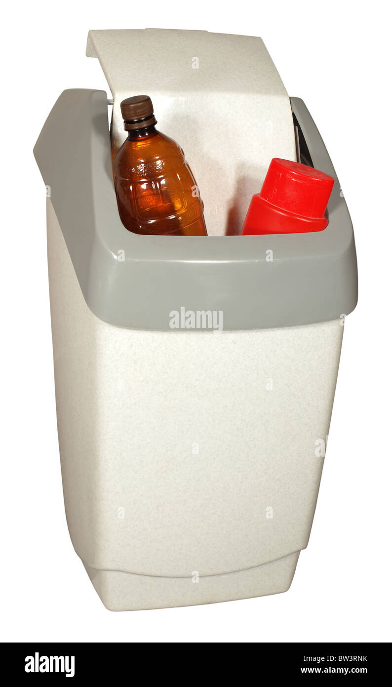 Plastic rubbish bin with the lid open and two plastic bottles Stock ...