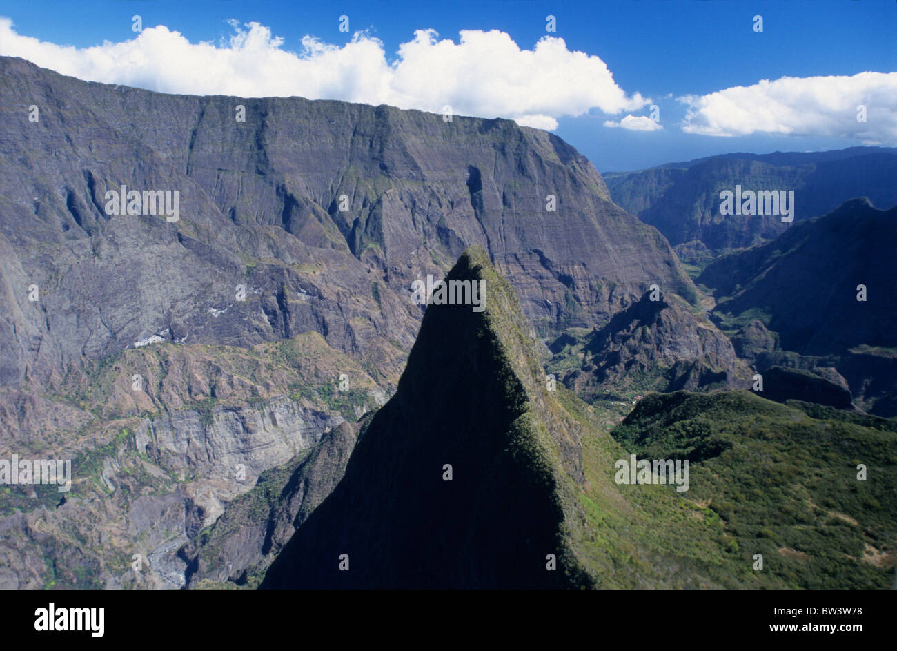 Aerial view Piton des Calumets in Cirque de Mafate, Reunion Island ...