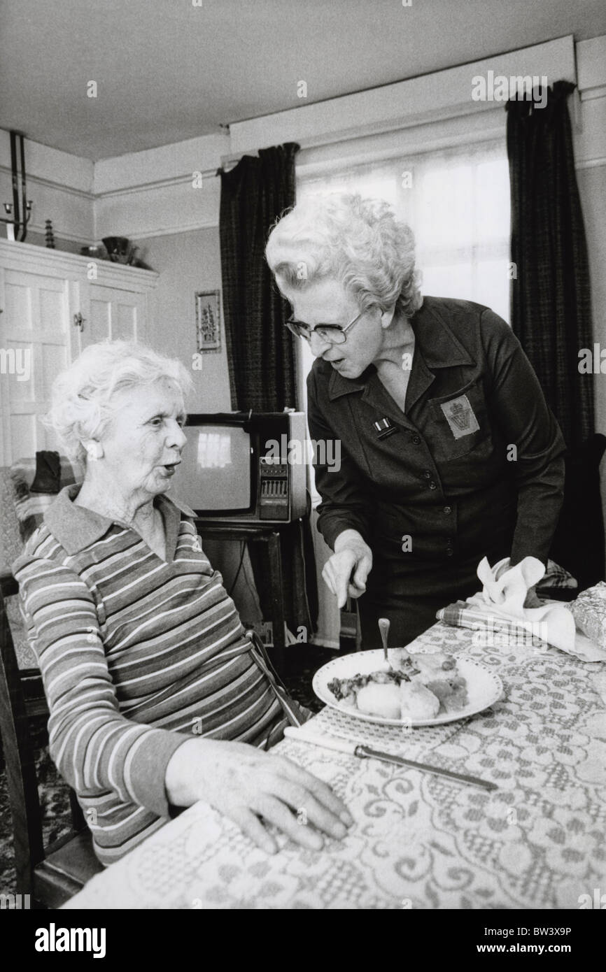 Lady from WRVS giving cooked dinner to elderly lady in her home Stock ...
