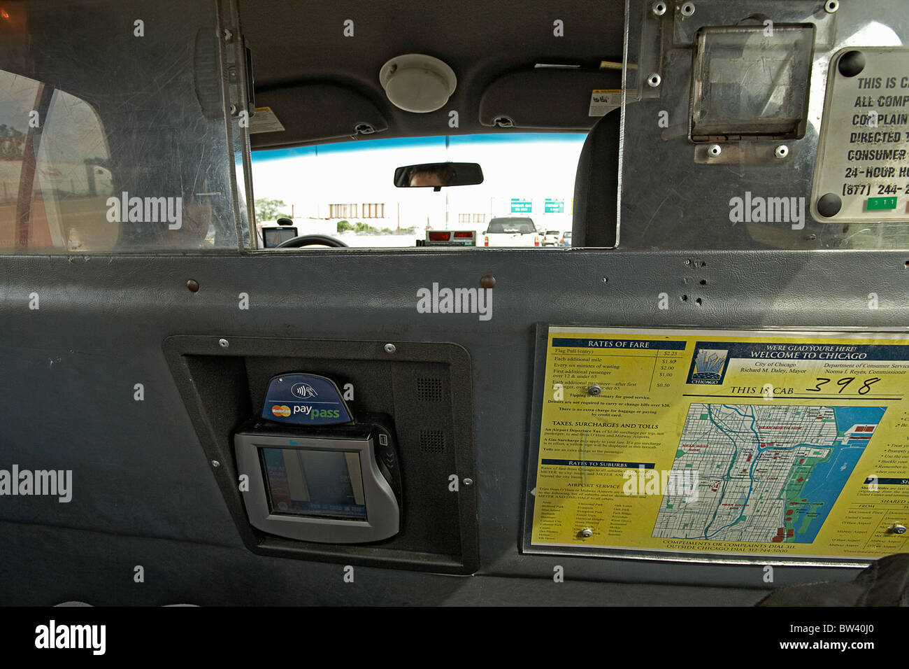 Passenger's view from the backseat of a taxi cab en route to downtown ...