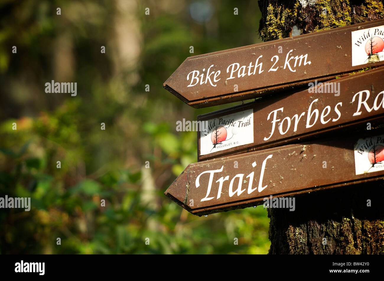 Wooden signs on the Wild Pacific Trail, Ucluelet, British Columbia ...
