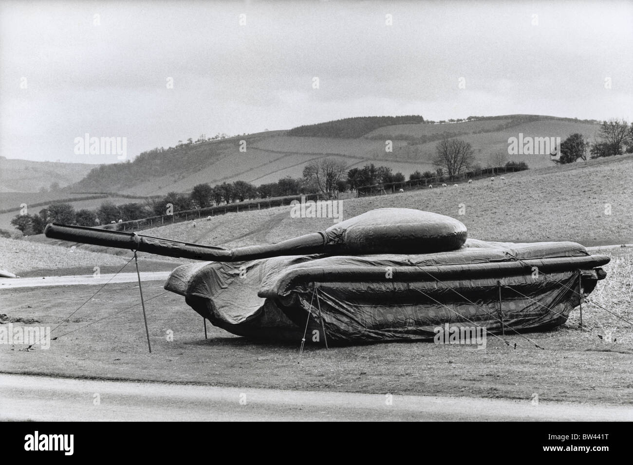 Inflatable tank used in military training exercise in Mid Wales circa ...
