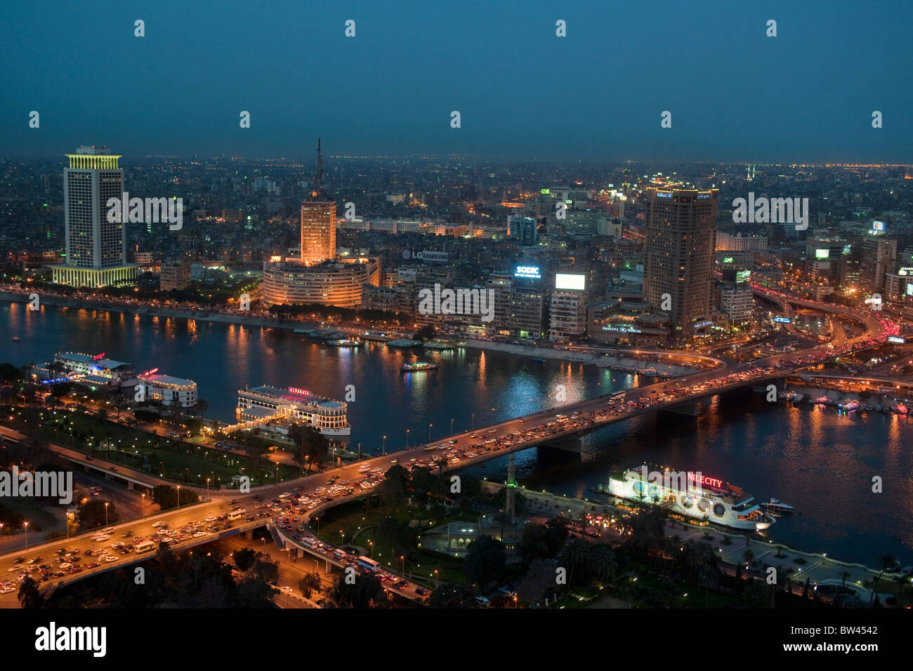 Egypt, Cairo, The 6th October Bridge, with Gezira Island in foreground ...