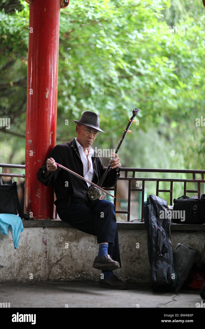A local man playing a traditional chinese instrument in Green Park ...