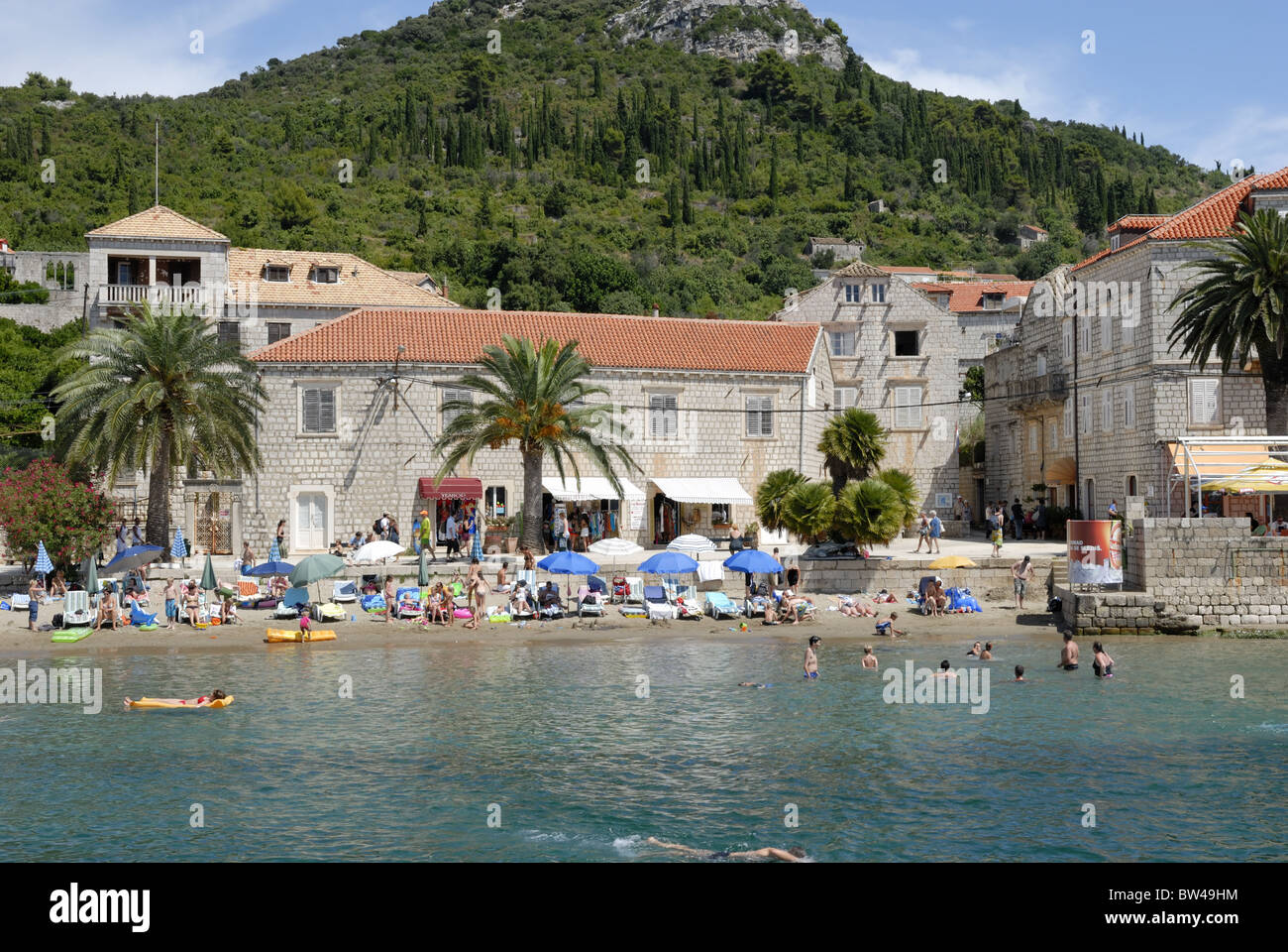 A fine view to the beach of the Lopud village on the Lopud Island ...