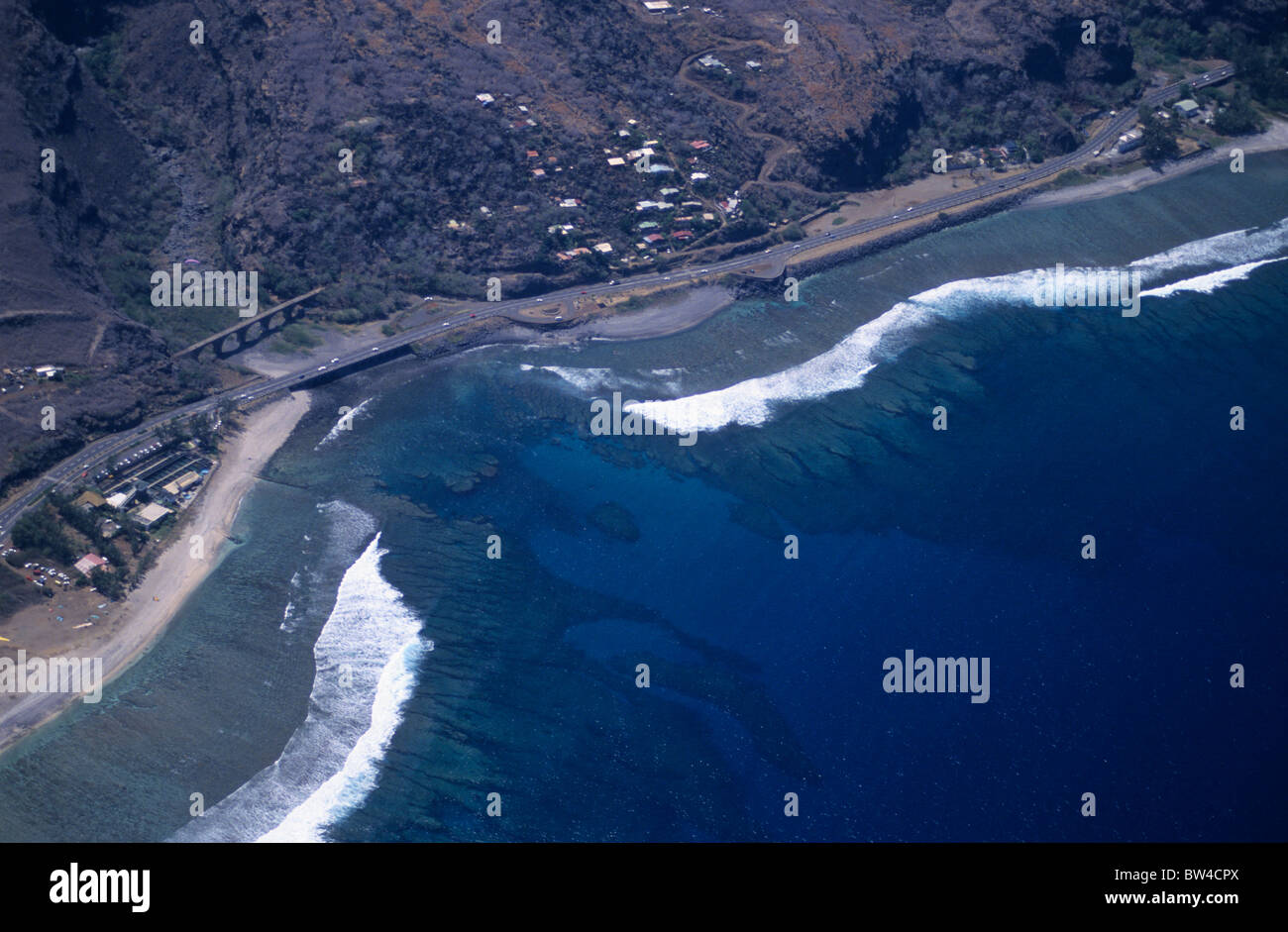 Aerial view of Saint Leu beach and lagoon, Reunion Island (France ...