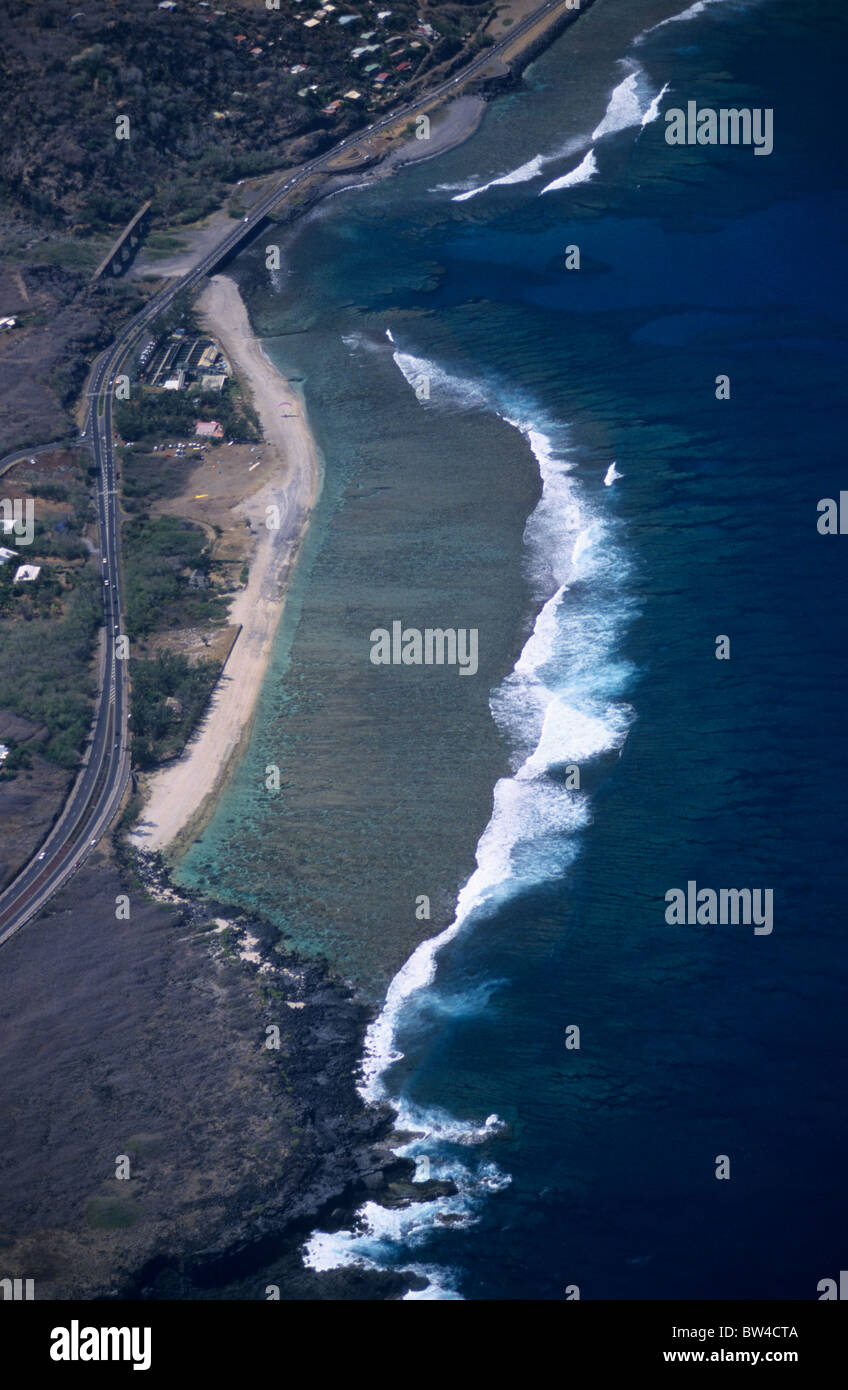 Aerial view of Saint Leu beach and lagoon, Reunion Island (France ...