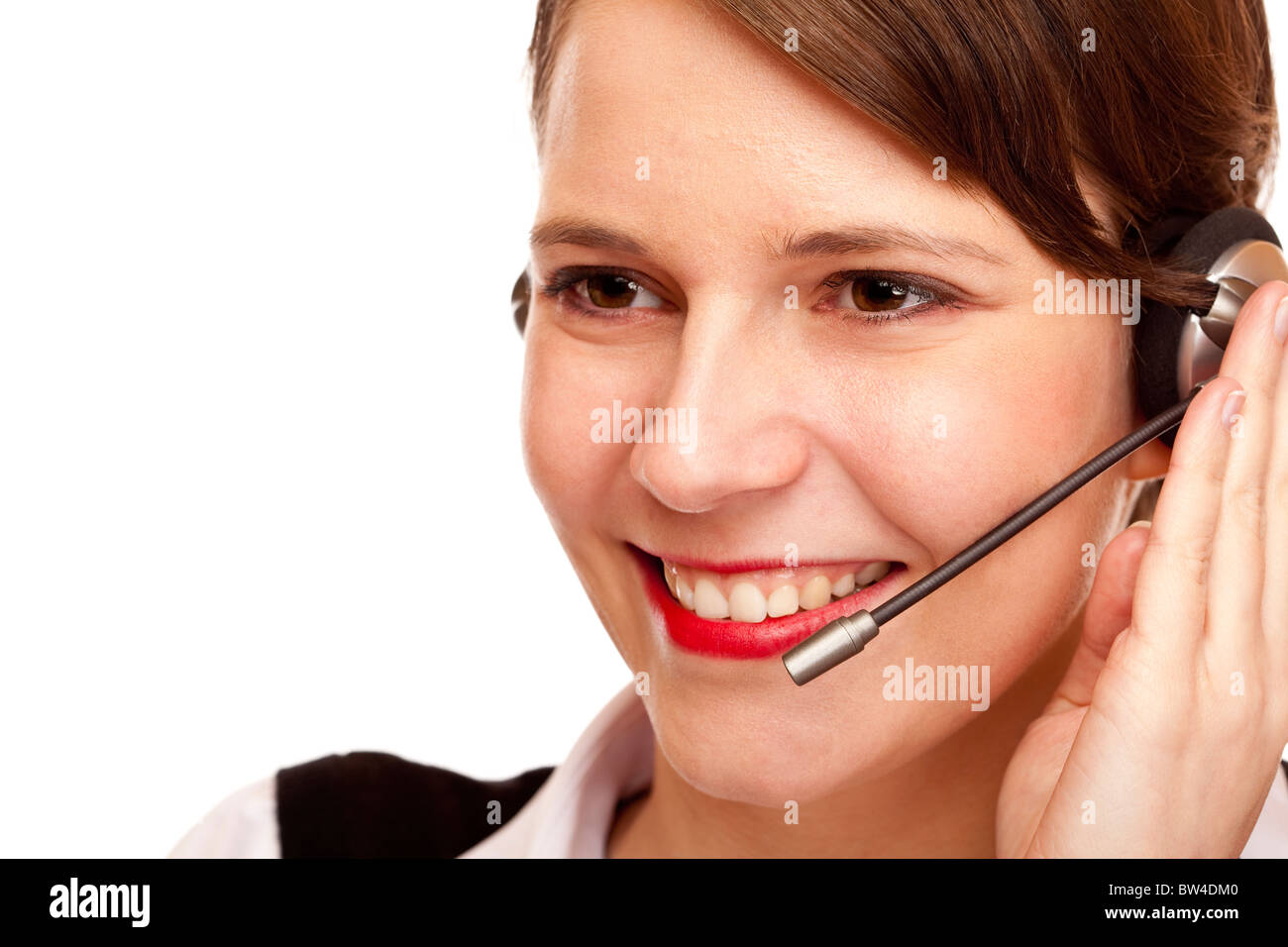 Woman with headset laughs happy and makes a call. Isolated on white ...