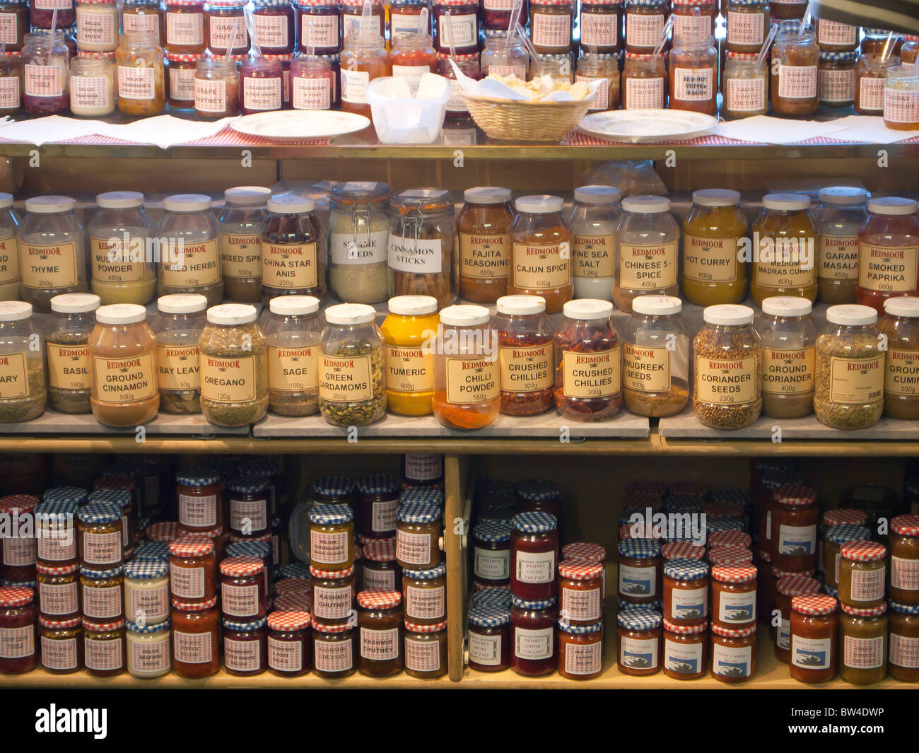 A shop display of jars of spices and "home made" chutney Stock Photo ...